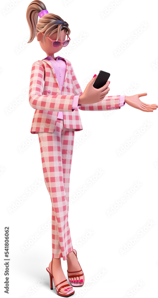 Cartoon full body young woman in a pink suit looks at her smartphone ...