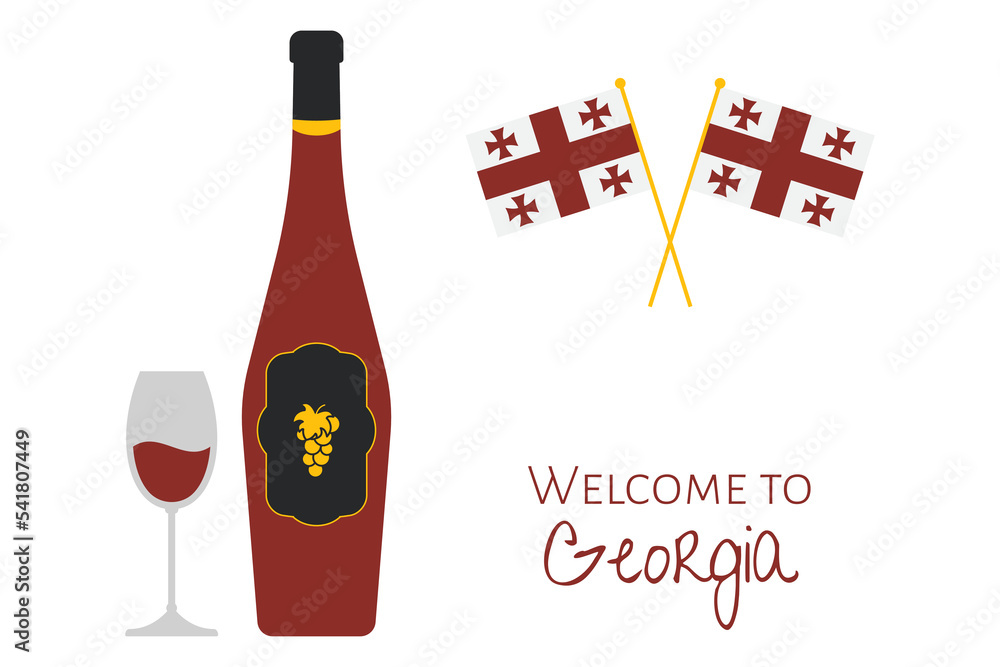 Vector illustration of wine bottle and wine glass. Wine from Georgia ...
