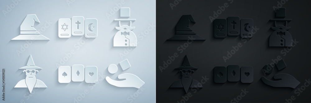 Set Playing cards, Magician, Wizard warlock, Cube levitating above hand ...