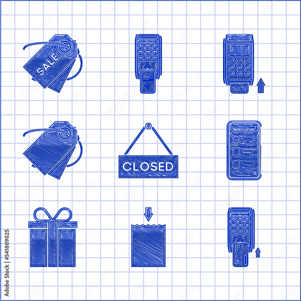 Set Hanging sign with text Closed, Paper shopping bag, Pos terminal ...