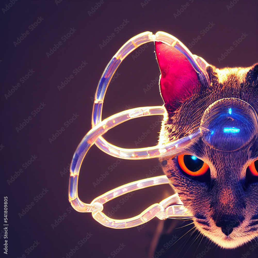 Cat with brain cables, neurons, computer, quantum, experiment ...