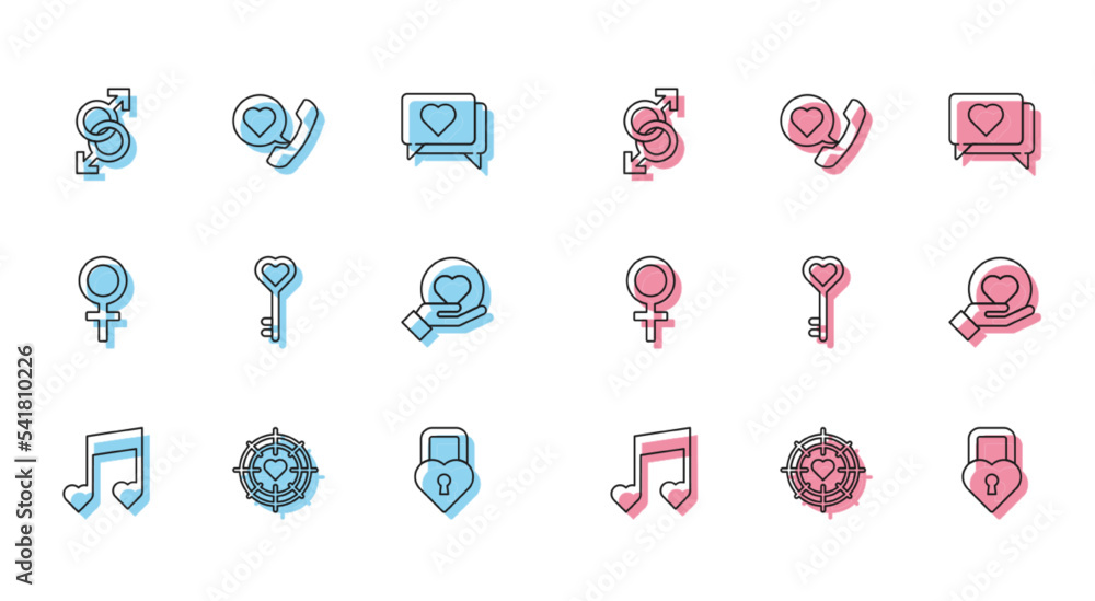 Set line Music note, tone with hearts, Heart in the center of darts ...