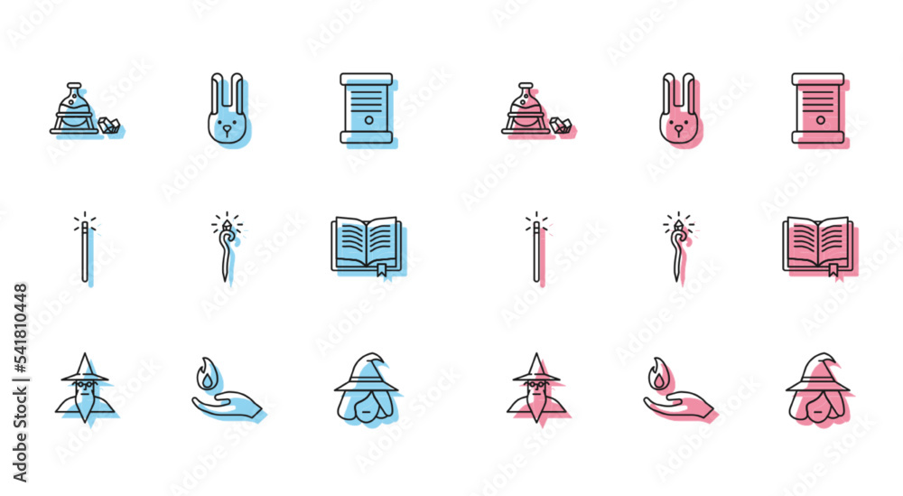 Set line Wizard warlock, Hand holding fire, Witch cauldron magic stone ...