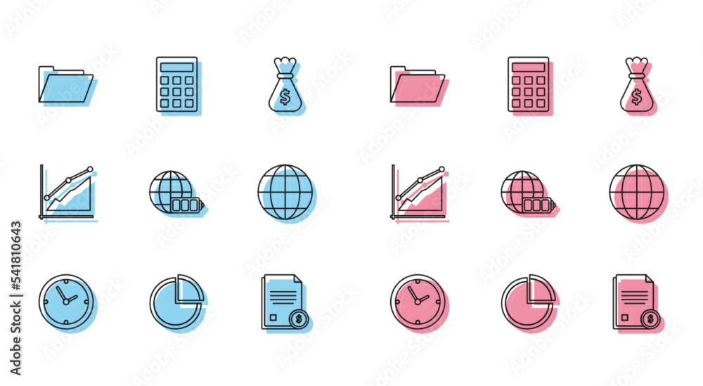 Set line Clock, Pie chart infographic, Document folder, Finance document, Battery charge level ...