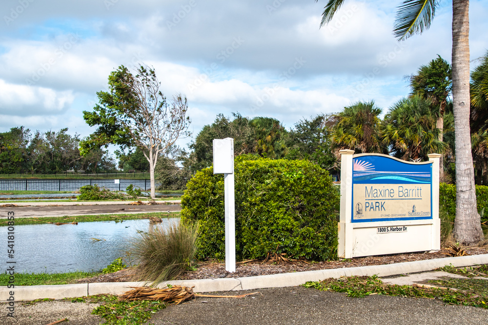 Hurricane Ian destruction in Venice, Florida-Sept. 29, 2022. Maxine Barrit Park, Pier parking ...