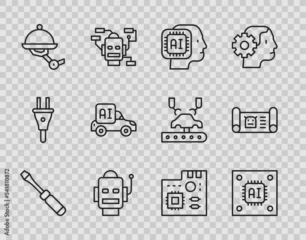Set line Screwdriver, Processor with microcircuits CPU, Humanoid robot ... Set line Screwdriver, Processor with microcircuits CPU, Humanoid robot ...