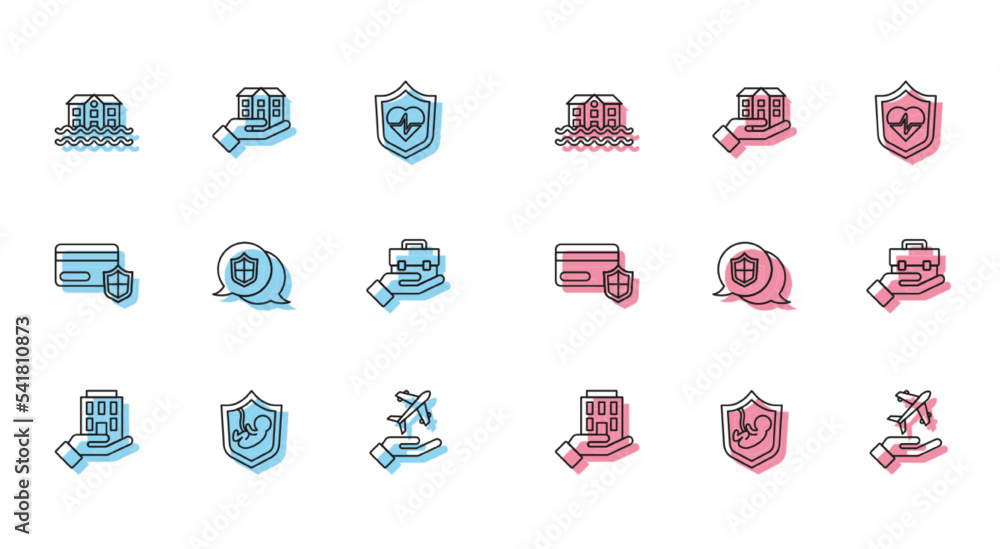 Set line House in hand, Life insurance with shield, flood, Plane ...