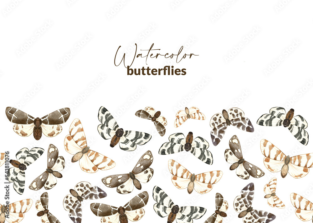 Border with illustrated brown butterflies. Hand drawn watercolor moth ...