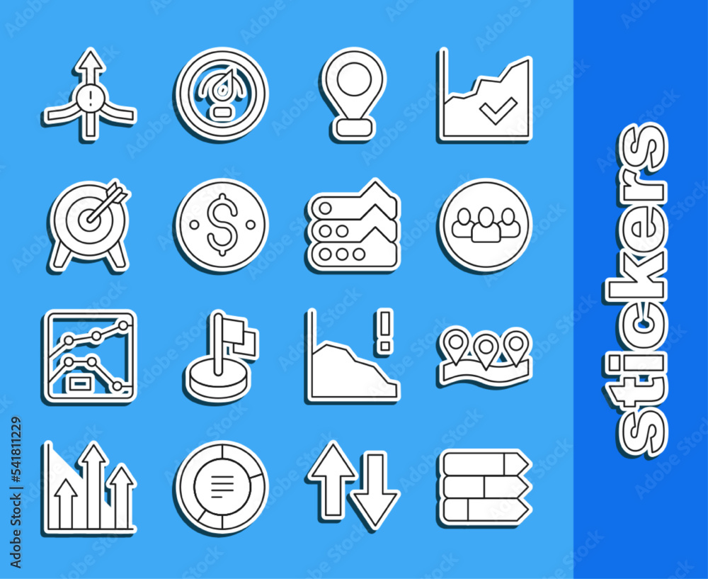 Set line Pie chart infographic, Location, Project team base, Dollar symbol, Target, Arrow and ...