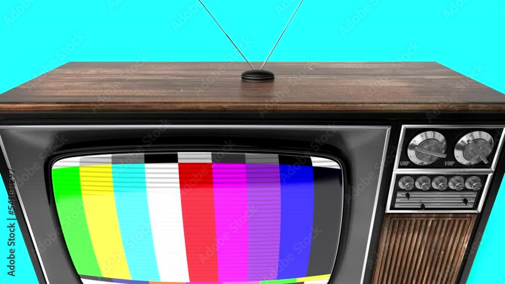 Vintage wooden TV receiver with green screen isolated on blue ...