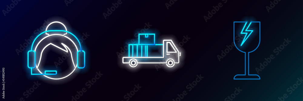 Set line Fragile broken glass symbol, Support operator in touch and Delivery truck with ...