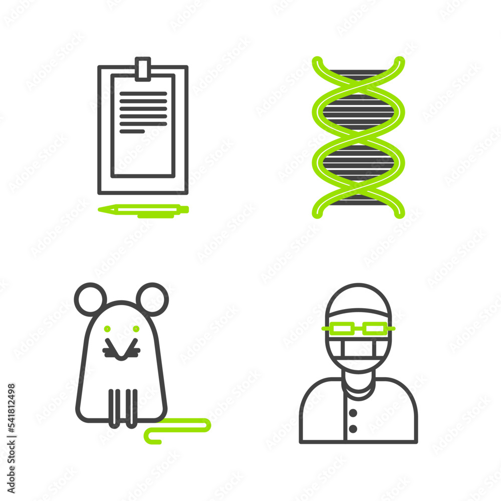 Set line Assistant, Rat, DNA symbol and Clipboard with document icon ...