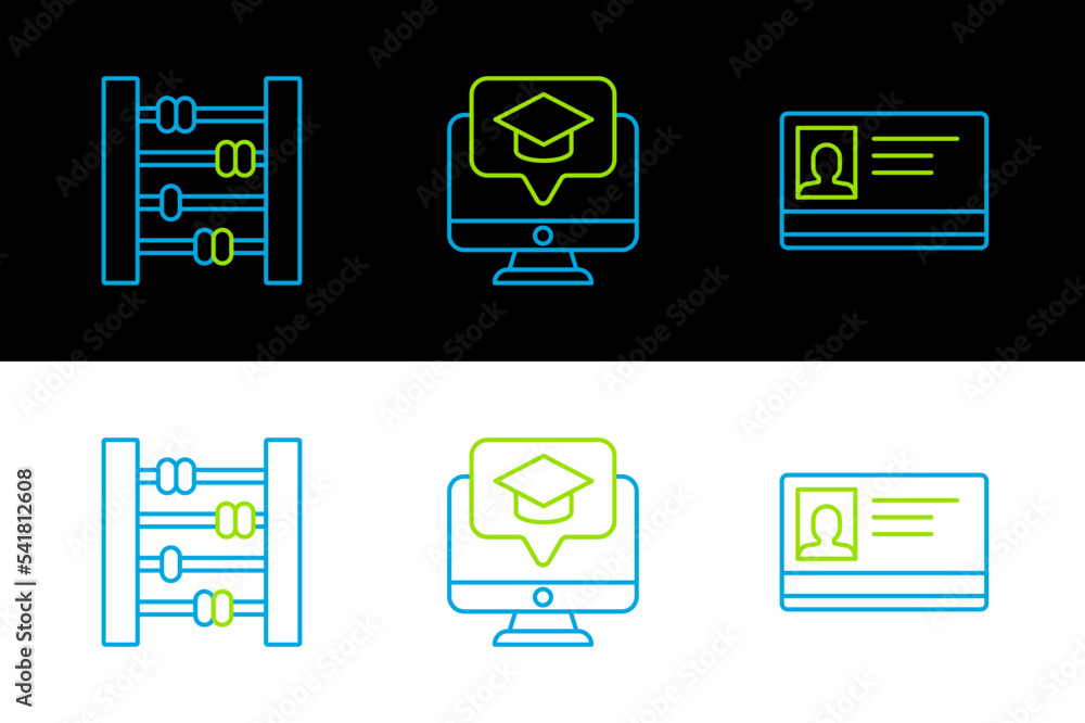 Set Line Identification Badge Abacus And Monitor With Graduation Cap Icon Vector Stock Vector
