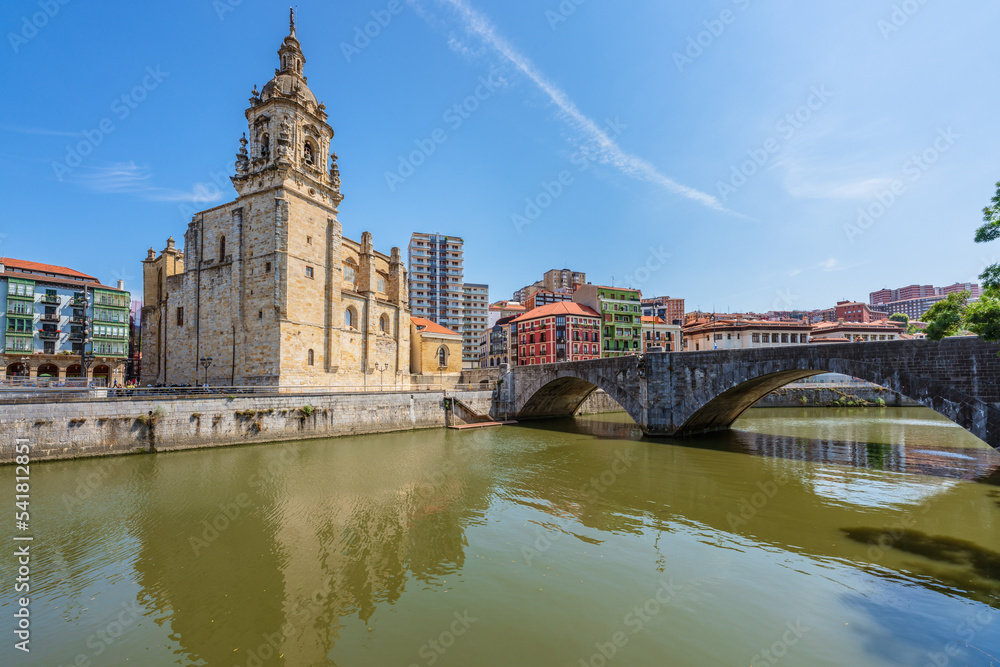 Panoramic view of Bilbao estuary with San Anton church and San Anton ...