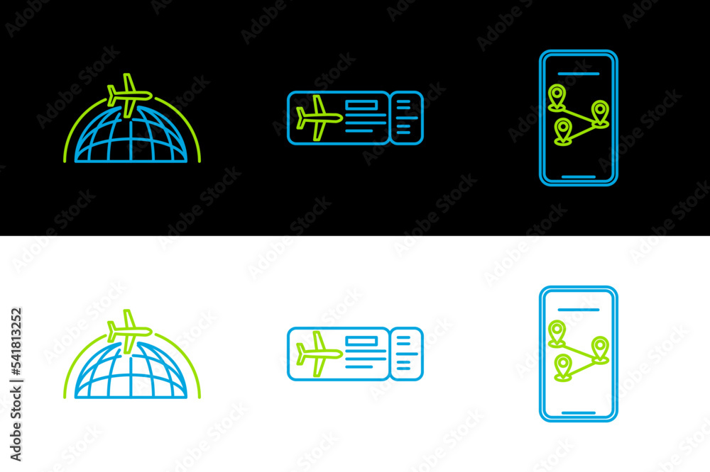 Set line Infographic of city map navigation, Globe with flying plane ...