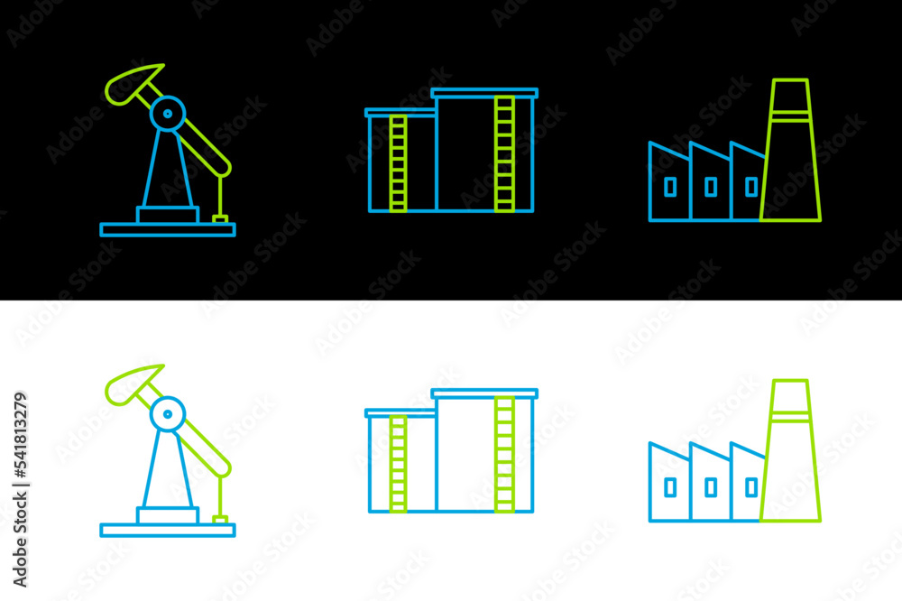 Set line Oil industrial factory building, pump pump jack and icon ...