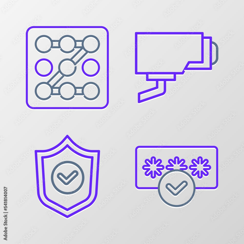 Set Line Password Protection Shield With Check Mark Security Camera And Graphic Password Icon
