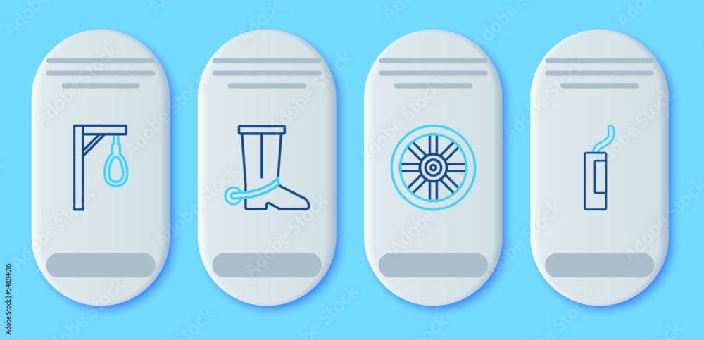 Set line Cowboy boot, Old wooden wheel, Gallows and Dynamite bomb icon ...