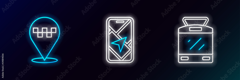 Set line Tram and railway, Location with taxi and City map navigation ...