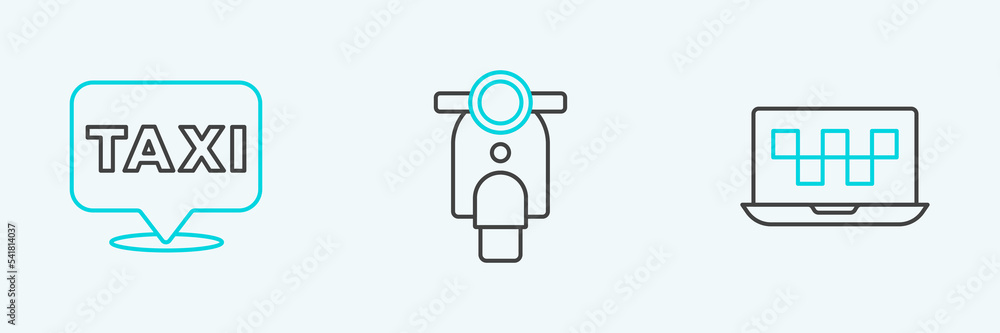 Set line Laptop call taxi service, Location with and Scooter icon ...