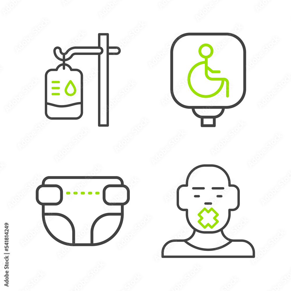 Set line Head of deaf and dumb, Adult diaper, Disabled wheelchair and ...