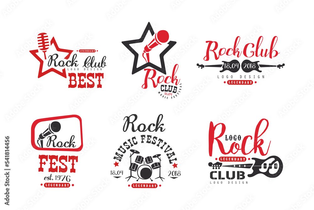Hard Rock Club Logo and Emblems with Electric Guitar Vector Set Stock ...