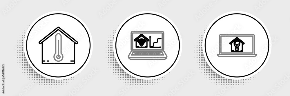 Set line Laptop with smart house and light bulb, House temperature and ...