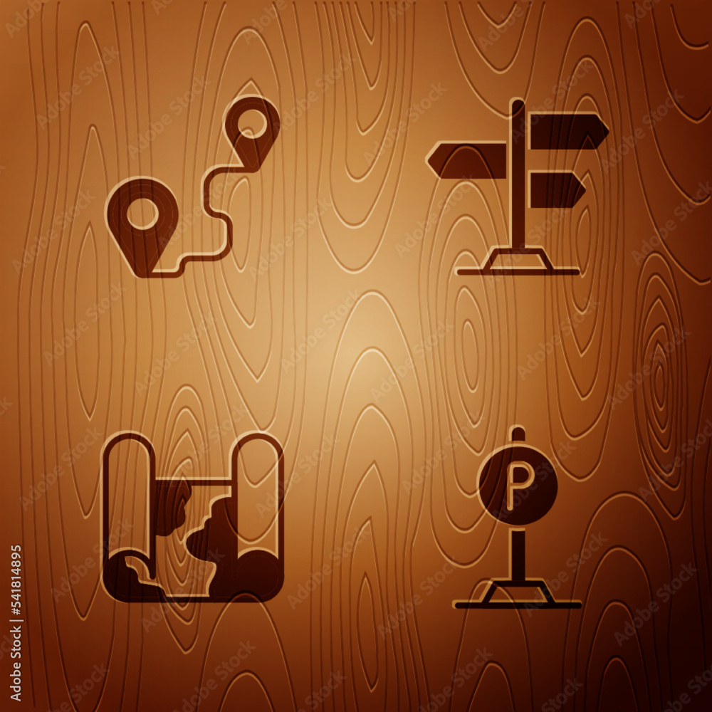 Set Parking, Route location, Folded map and Road traffic sign on wooden ...