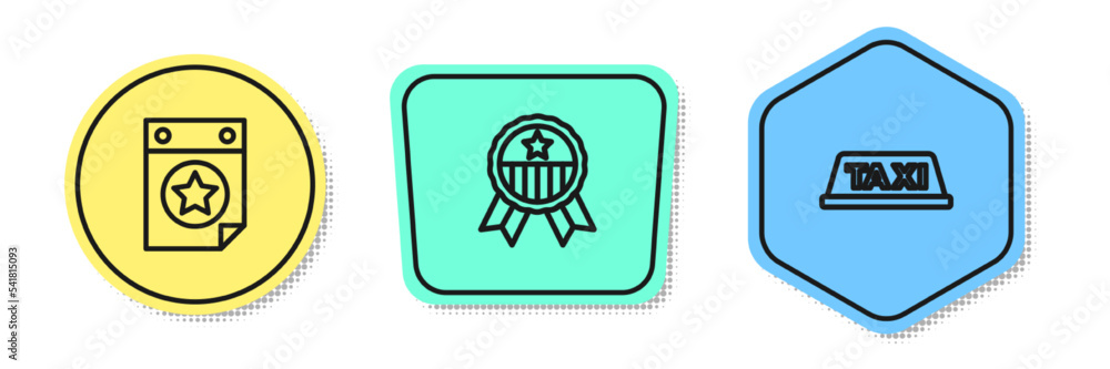 Set line Calendar with date July 4, Medal star and Taxi car roof ...