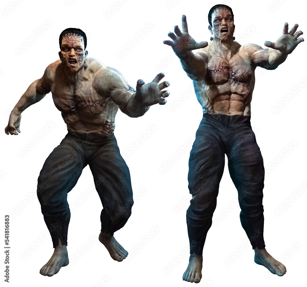 Laboratory monsters with stitches and bolts 3D illustration Stock ...