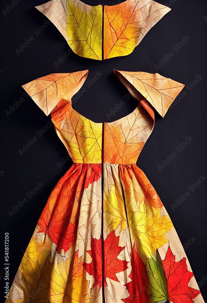 Dress with colorful fall maple leaves, black background Stock ...