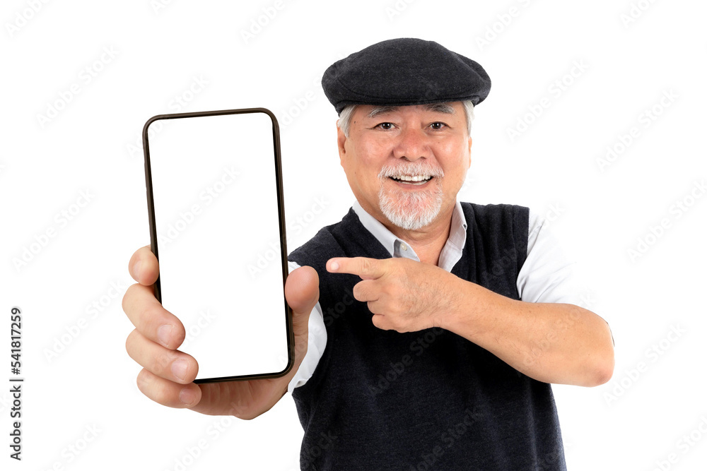 Asian senior businessman , old man with suit feel happy showing big ...