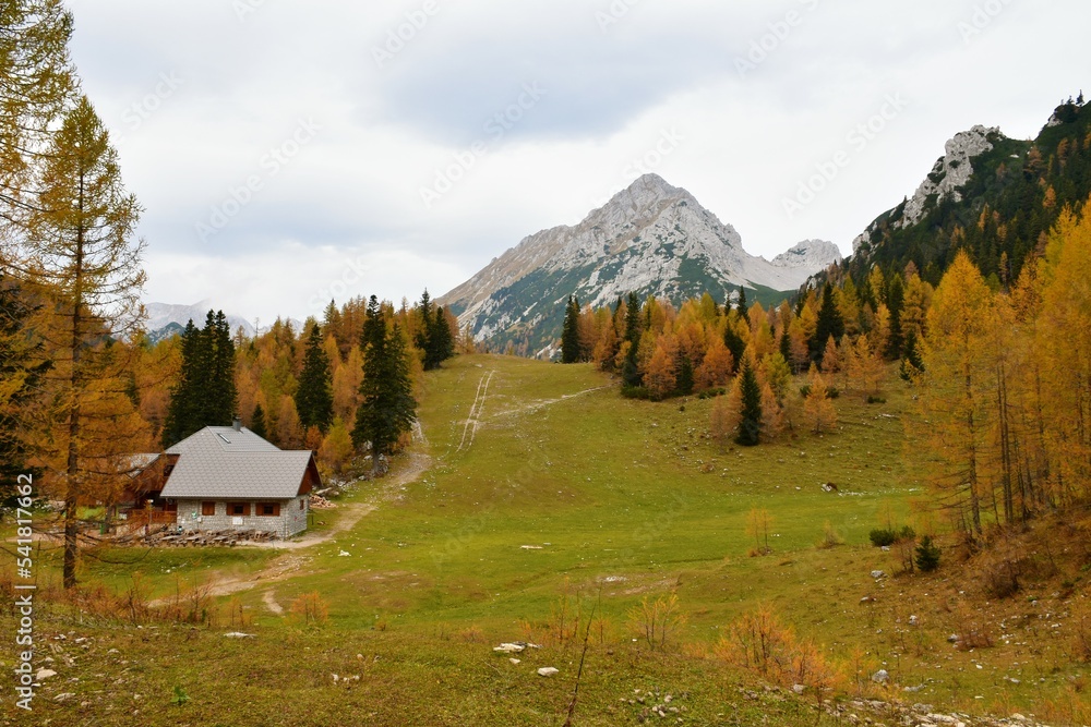 Mountain hut at Zelenica with Vrtača mountain behind and an alpine ...