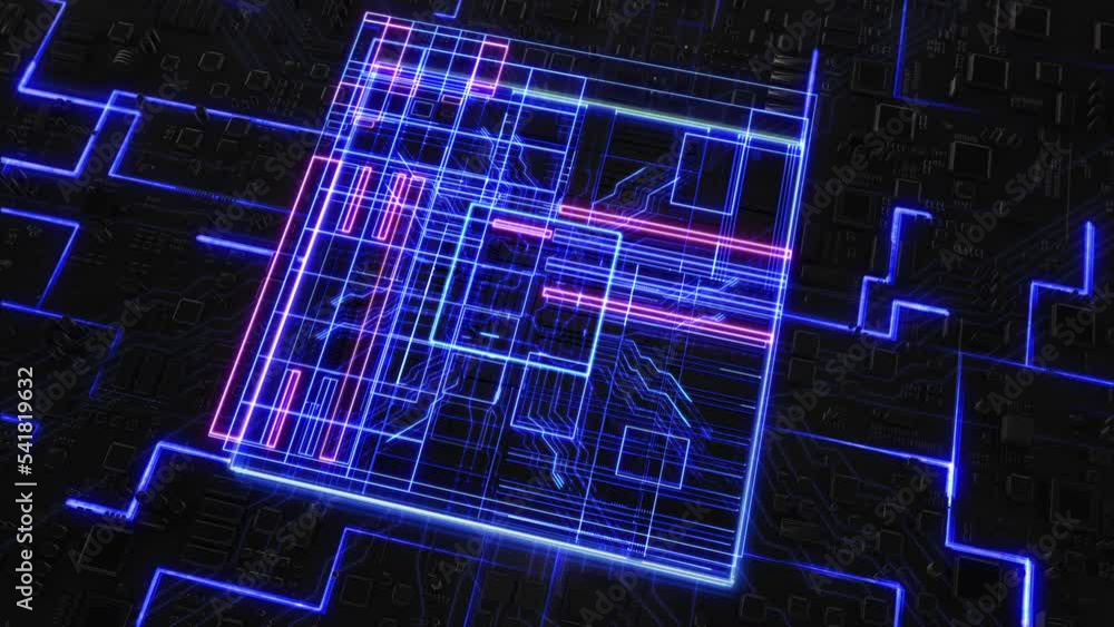 Futuristic Technology Neon Animation CPU GPU Circuit Board. 3D ...