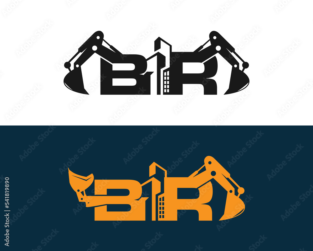 Letter BR Building With Excavator and skid steer Logo Design Concept ...