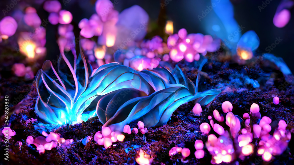 Real 4K, 16:9, Colorful unreal bioluminescence flower plants in forest ...