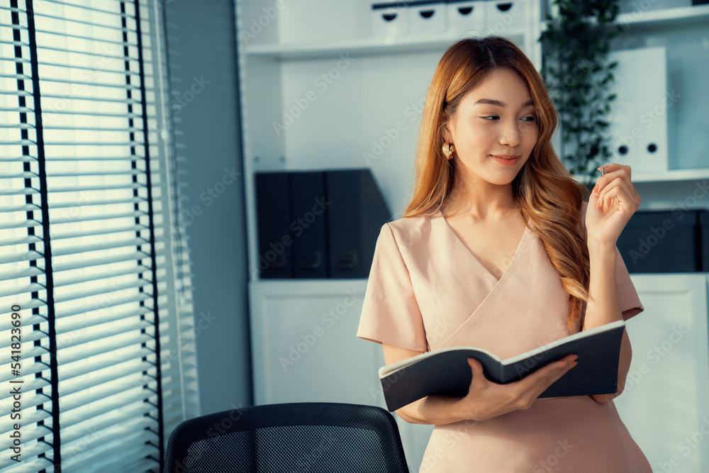 Young competent office lady, intern, secretary holding a log in office ...