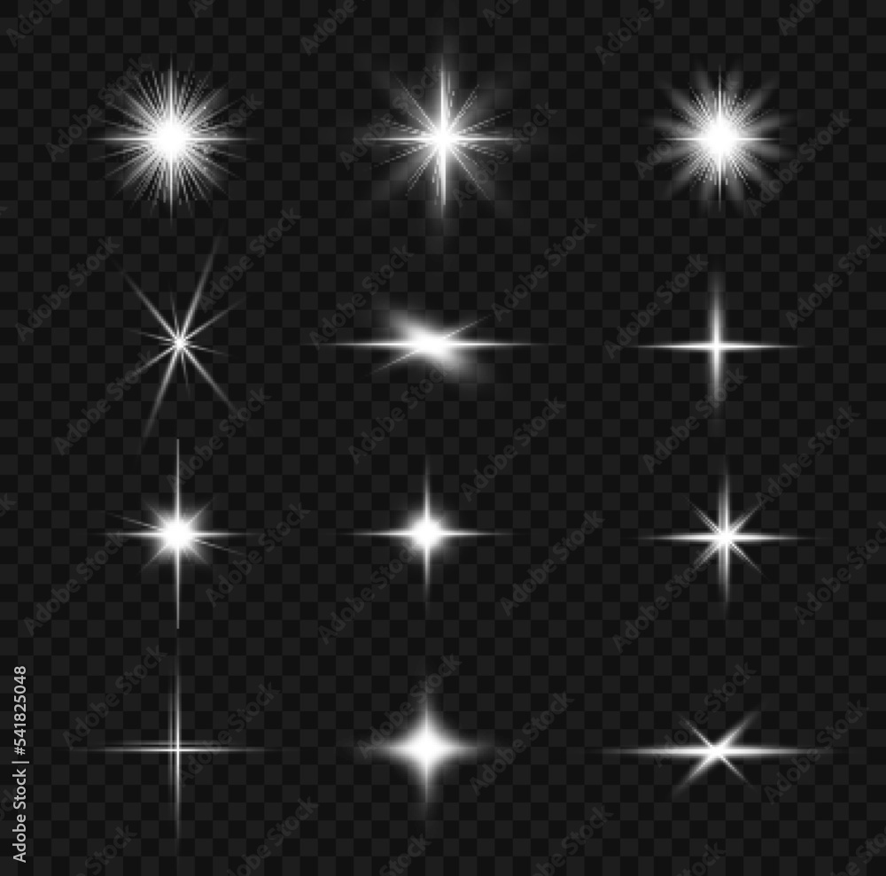 Set of glowing white stars bursts with sparkles. Sunlight special lens ...