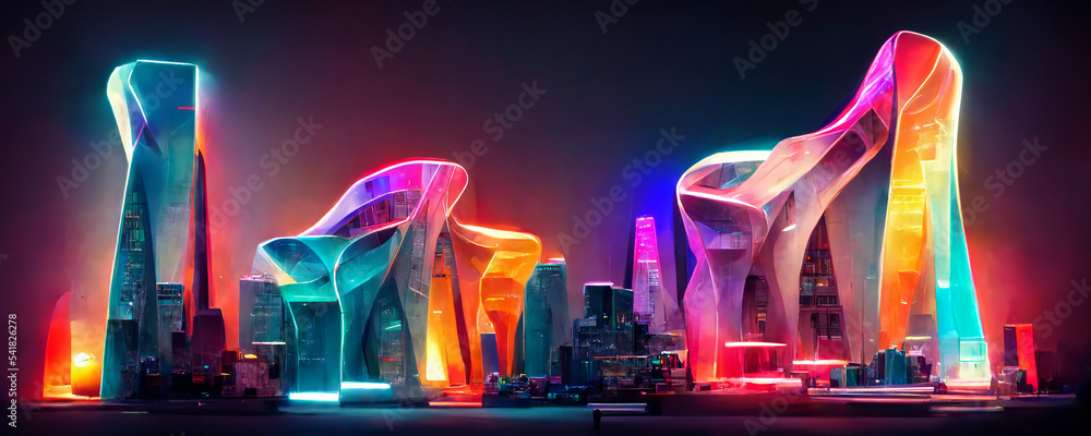 The futuristic buildings of the colorful city, surrounded by neon ...