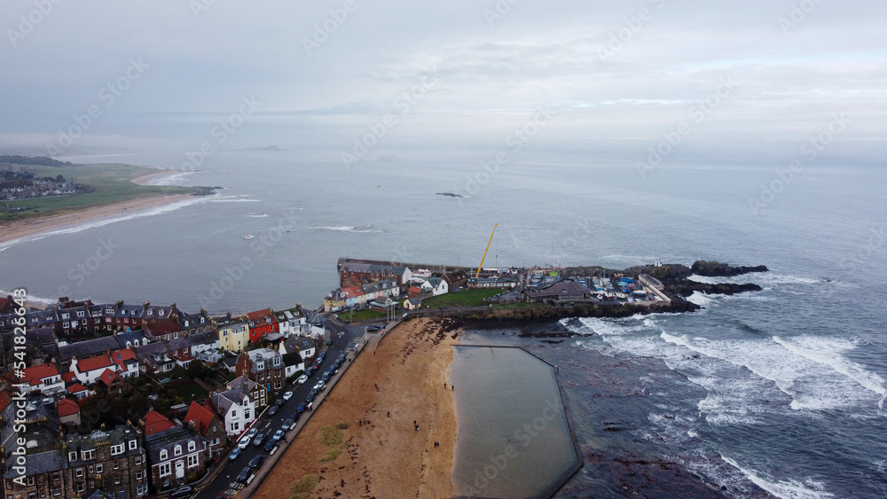 North Berwick beach and harbour aerial view, East Lothian, Scotland ...