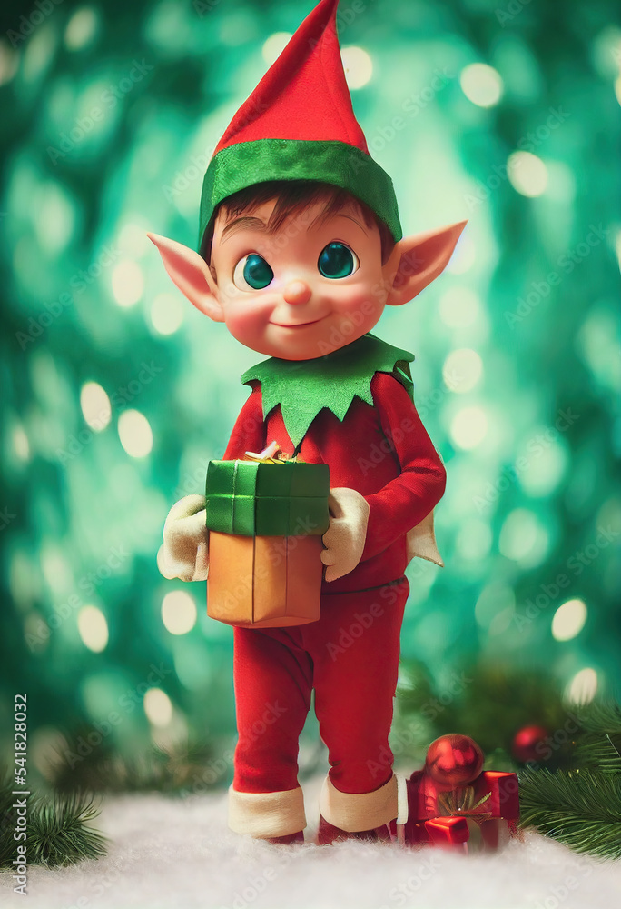 An adorable little elf with Christmas gifts and Christmas background ...