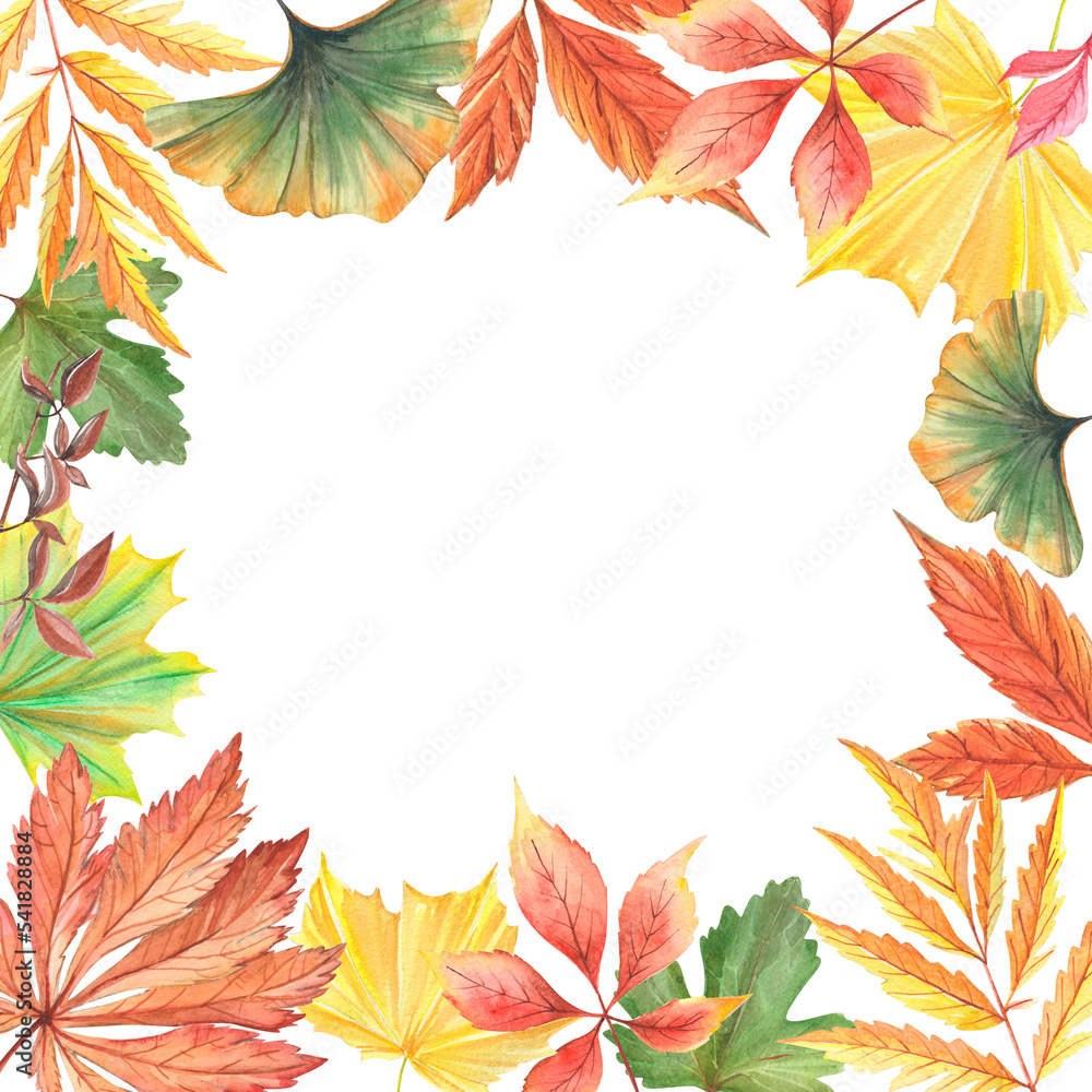Colorful autumn square frame with watercolor hand-drawn leaves ...