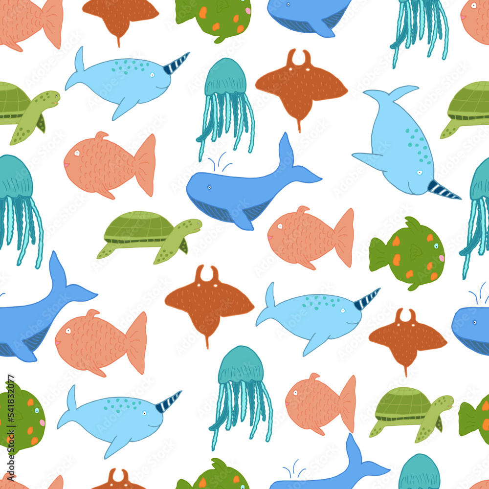 sea animals on a white background, seamless pattern, turtle, fish ...