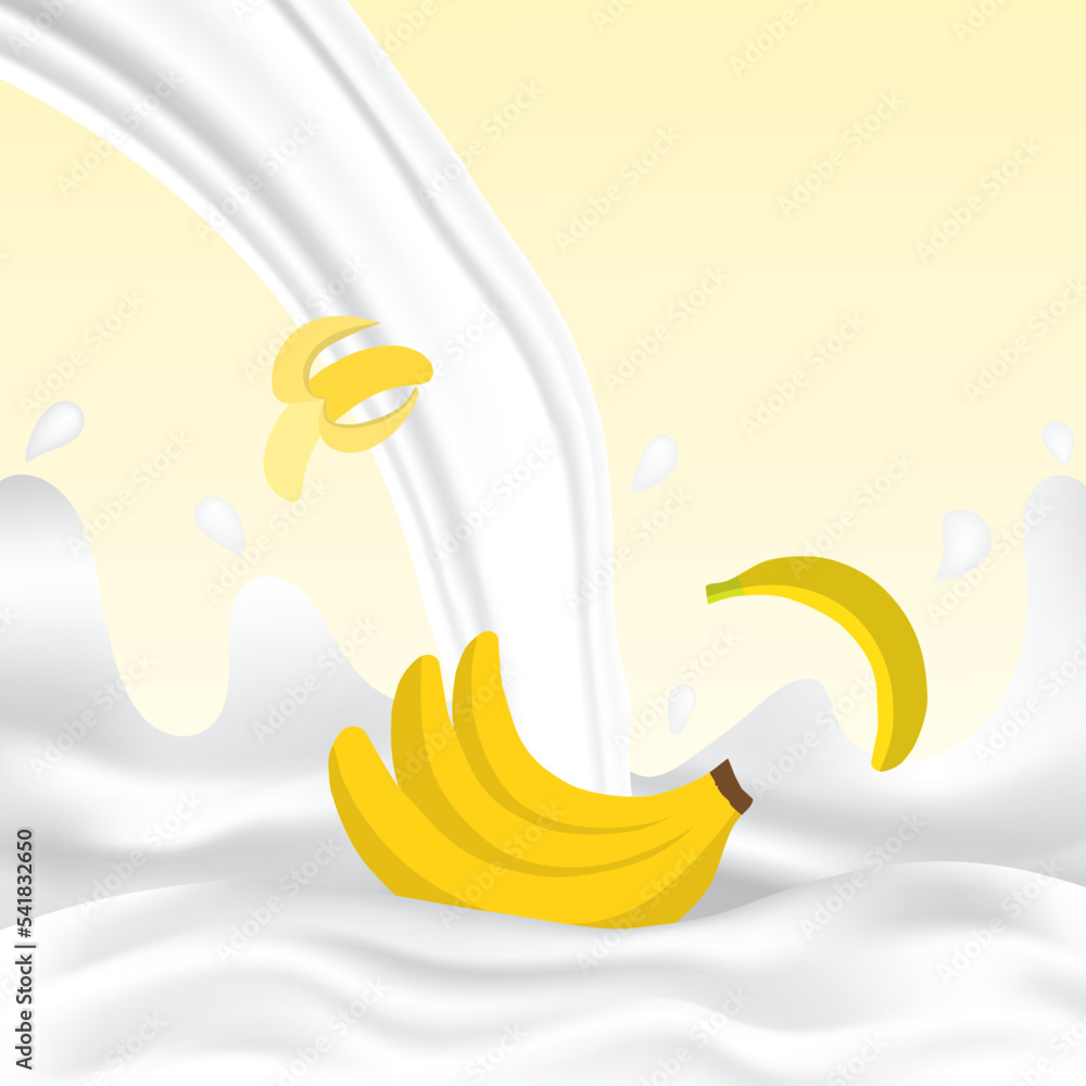 Banana milk splash with white splashing liquid. Pouring banana milk on ...