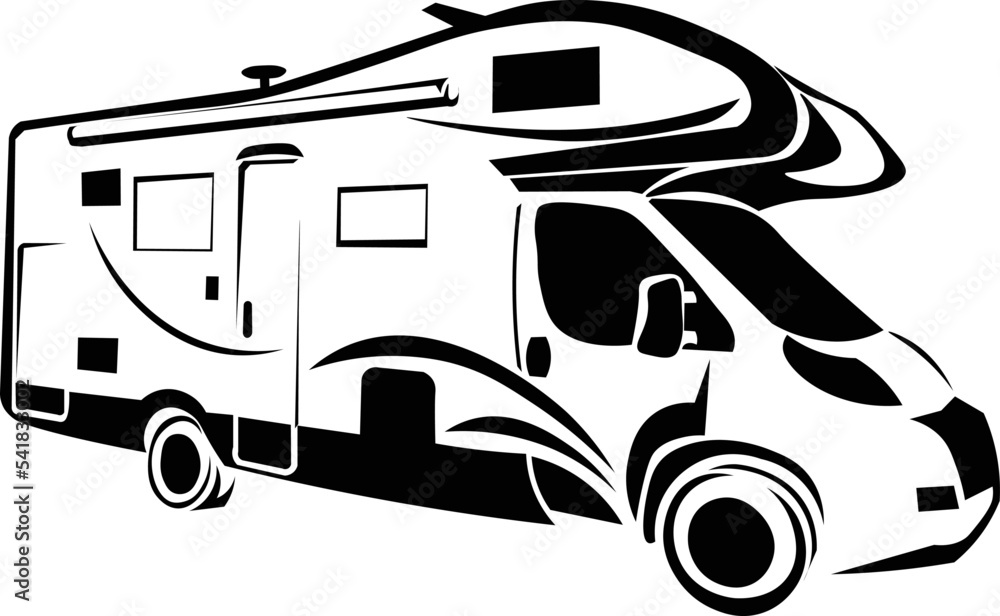 Black and White Cartoon Illustration Vector of a Caravan Motorhome ...