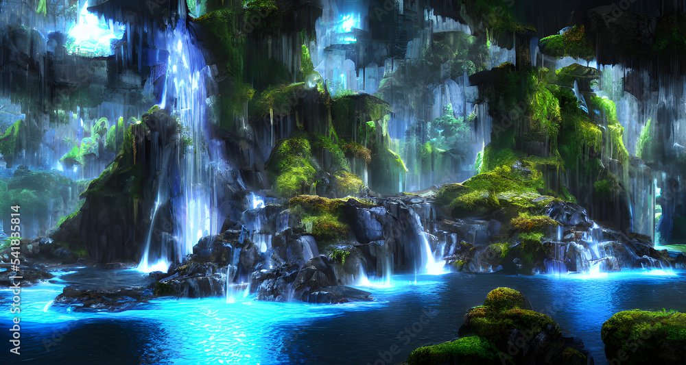 Illustration Realistic Nature Waterfalls Stock Illustration | Adobe Stock