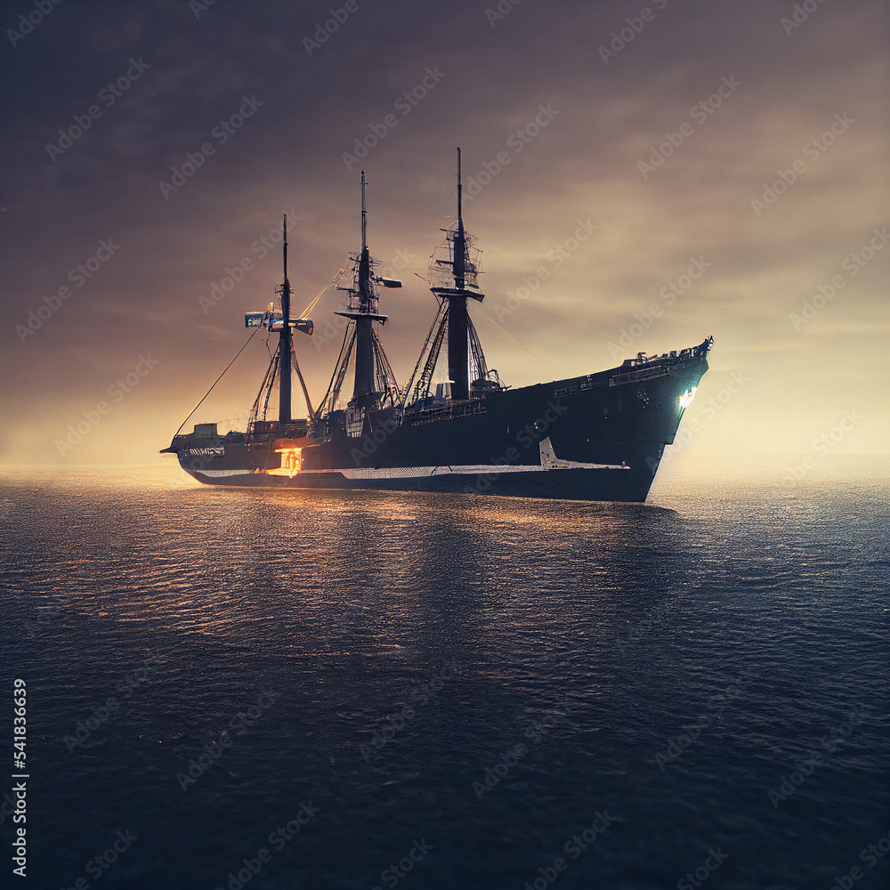 Warship at sea during the night watch. 3D illustration Stock ...