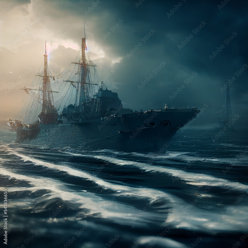 Warship in the stormy sea. 3D illustration Stock Illustration | Adobe Stock