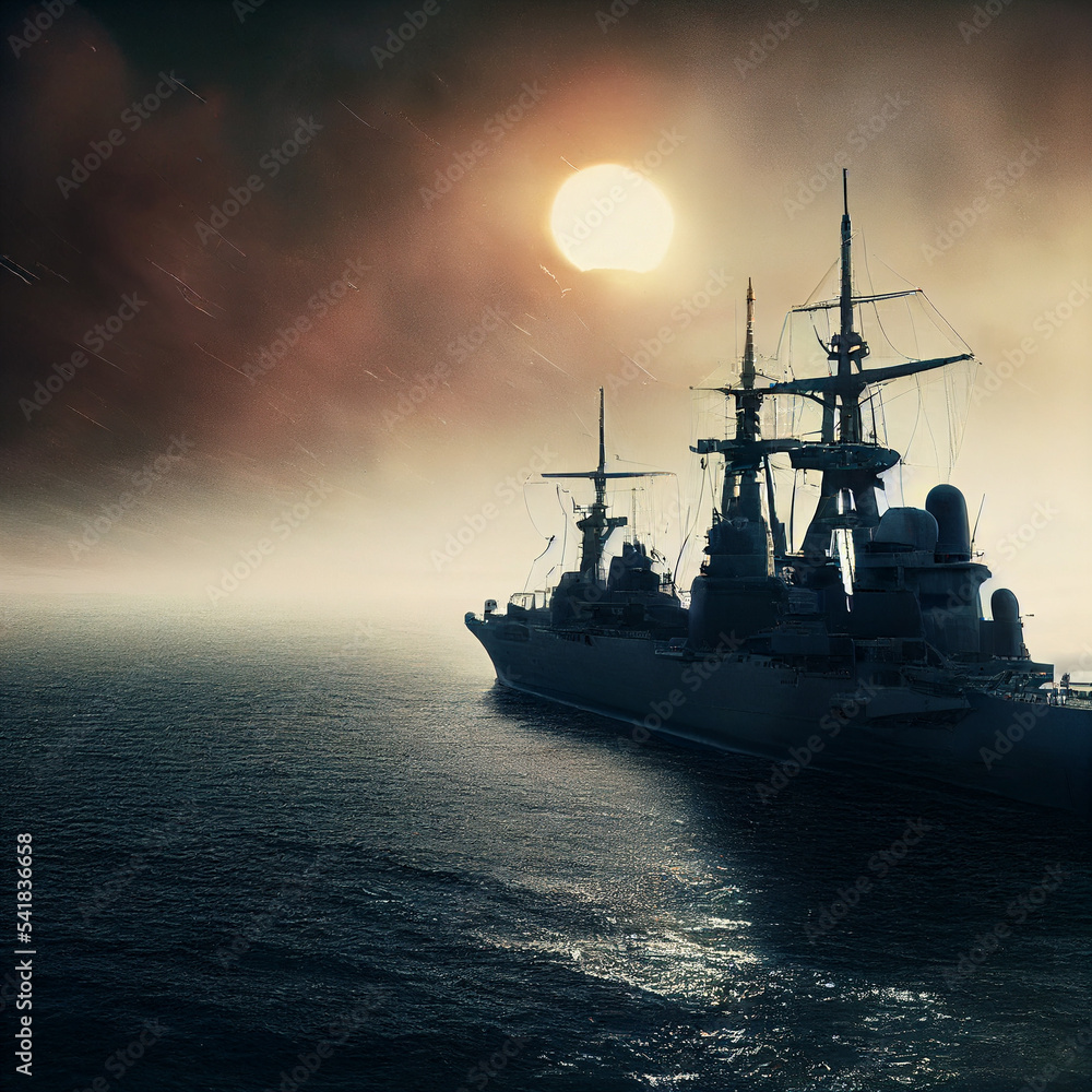Warship at sea during the night watch. 3D illustration Stock ...