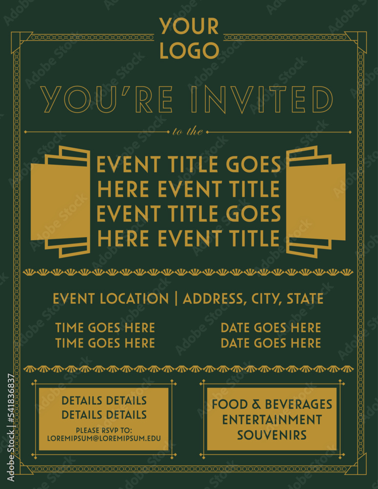 Art Deco Event Invitation Editable Illustrator Template Stock Vector ...